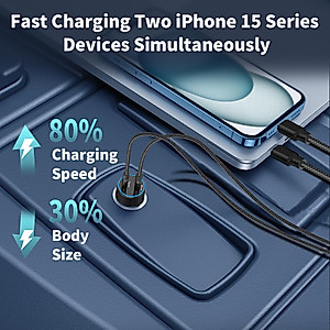 【MFi Certified】iPhone 15 Fast Car Charger, Linocell 72W Dual PD Car Power Cigarette Lighter USB-C Fast Car Charge Adapter+2Pack Type-C Braided Cable for iPhone 15/15 Pro/iPad Pro/Galaxy S24/S23/Pixel