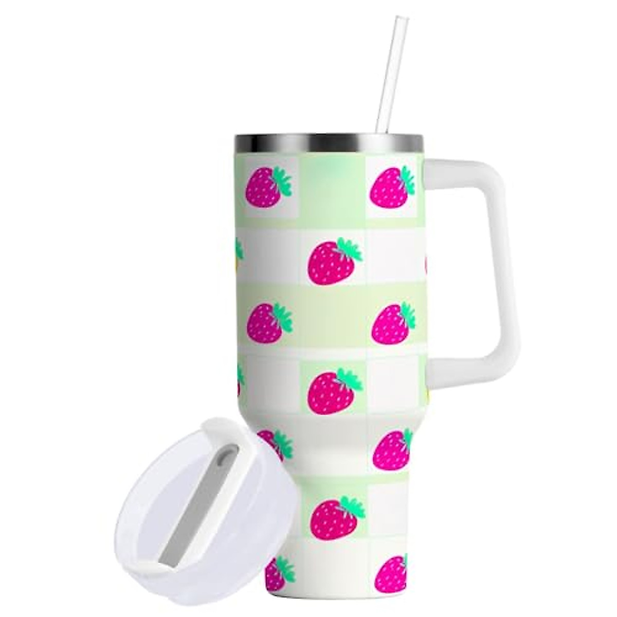 RPLIFE Yellow Pink Strawberry Stripes Tumbler Cup, Stainless Steel Bottle, Straw Water Bottle