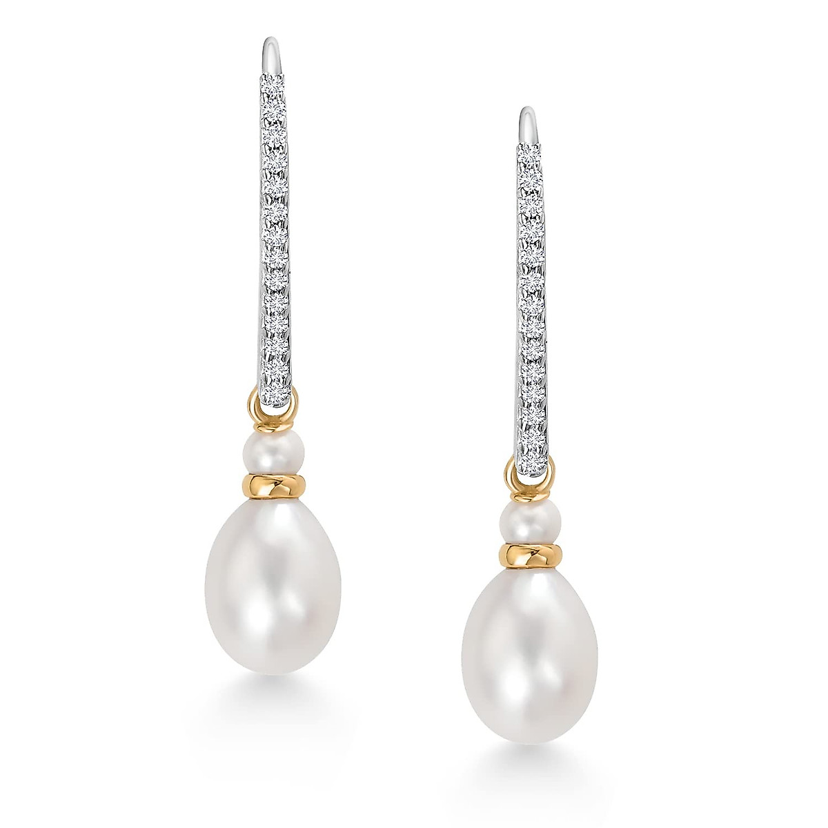 Gem Stone King 925 Sterling Silver and 10K Yellow Gold 9X7MM Cultured Freshwater Pearl and White Lab Grown Diamond Dangling Earrings with Leverback For Women