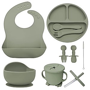 10 Piece Baby Feeding Set | 100% Food Grade Silicone | Non Slip | Self Feeding Utensils | Led Weaning Supplies | Microwave and Dishwasher Safe