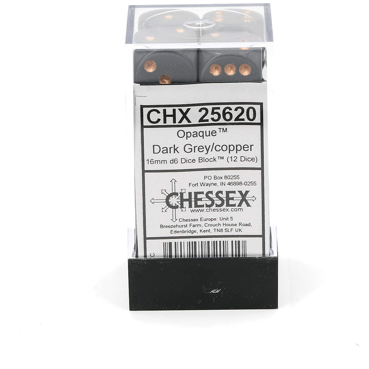 Chessex Manufacturing 16mm Opaque Dark Grey and Copper Plastic Polyhedral Dice Set-Dungeons and Dragons Dice Includes 12 Dice – D6 (CHX25620)