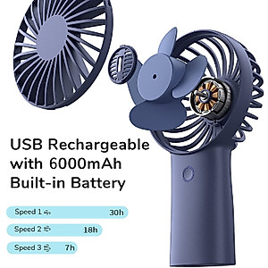 JISULIFE 6000mAh Handheld Fan [30H Max Cooling Time] Mini Portable Hand Fan, USB Rechargeable Small Personal Fan,Battery Operated Hand Fan with 3 Speeds for Travel/Commute/Picnic/Office-Blue