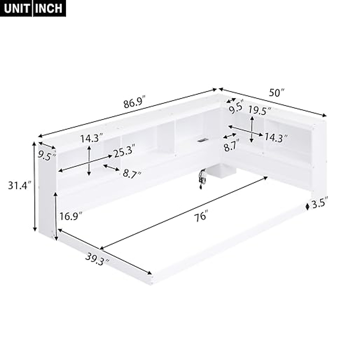 Modern Twin Size Daybed with Storage Cabinets and USB Ports, Wood Platform Bed Frame with L-Shaped Bookcases, Low Floor Bed Daybed for Kids Teens Boys Girls Bedroom (White 078)