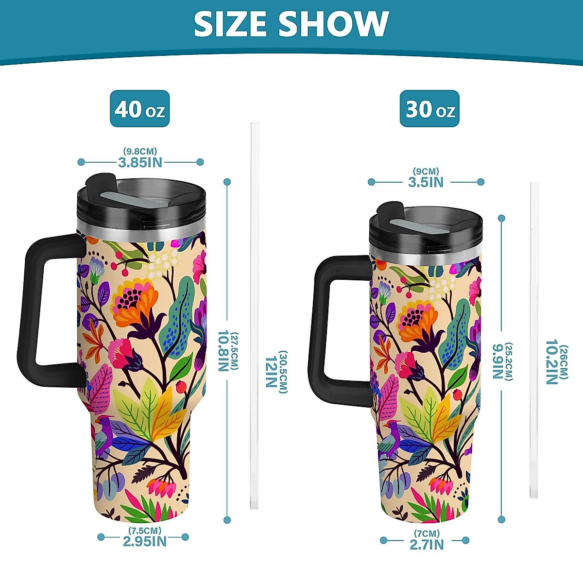 Yasala Car Tumbler with Handle Rainbow Flower Cartoon Flora Travel Mug Coffee Cup Insulated Beverage Container Mega Cup for Hot Cold Drinking Thermos Water Bottle Cupholder Friendly 40 oz