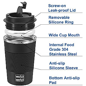 WETOWETO 12oz Coffee Cup, Insulated Travel Coffee Mug, Stainless Steel Coffee Tumbler, Spill Proof Coffee Mug with Lid, Portable Thermal Mug, Reusable Travel Coffee Cup for Hot and Cold(Black)