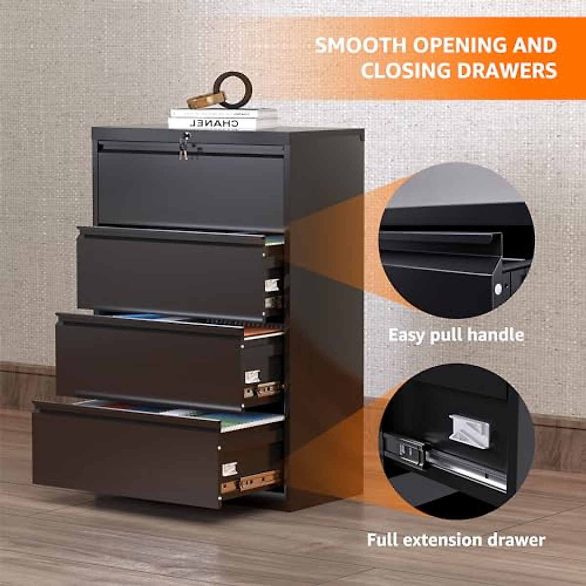 METAN Lateral 4 Drawer File Cabinet, Locking Metal File Cabinet for Home Office, Steel Lateral File Cabinet for Letter Legal Size, Assembly Required, Black