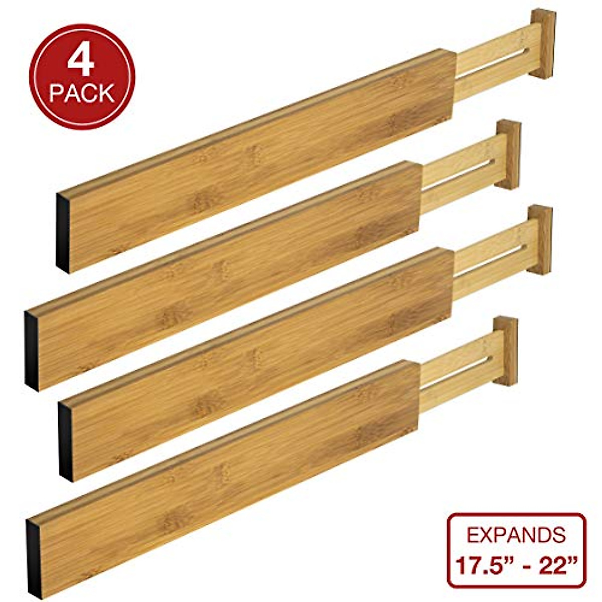 Bamboo Kitchen Drawer Dividers - Adjustable Spring Loaded Drawer Organizers - Drawer separator for Kitchen Utensils, Bedroom Clothes Dresser, Bathroom, and Office - Expands from 17.5" - 22" - 4 Pack