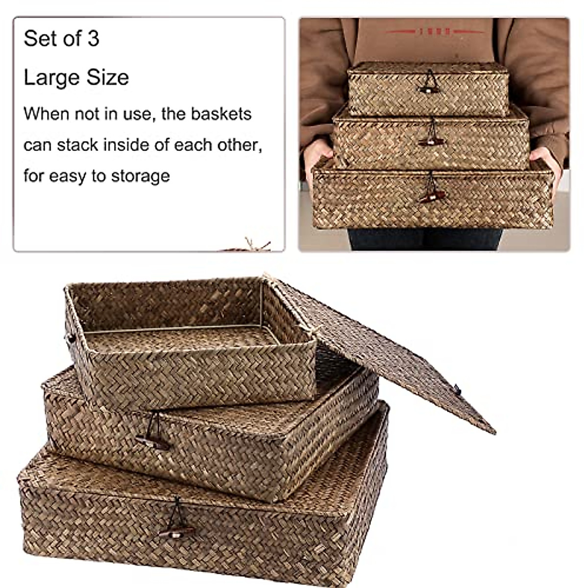 Hipiwe Flat Wicker Basket Bins with Lid - Set of 3 Handwoven Seagrass Storage Basket Shelf Baskets Boxes Multipurpose Home Organizer Bins Boxes for Shelf Pantry Closet,Large Size 14.8"x13"
