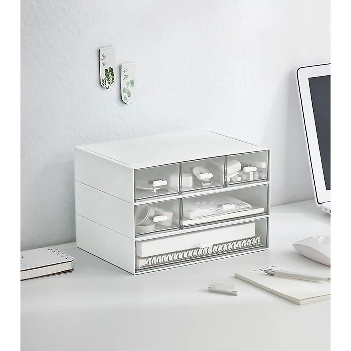 Stackable Desk Organizer with 6 Drawers, 3 Tier Plastic Desk Storage Box Desktop Drawers, Makeup Storage, Desk Organizer and Accessories for Desk, Cosmetic Skincare Storage Office School Home (White)