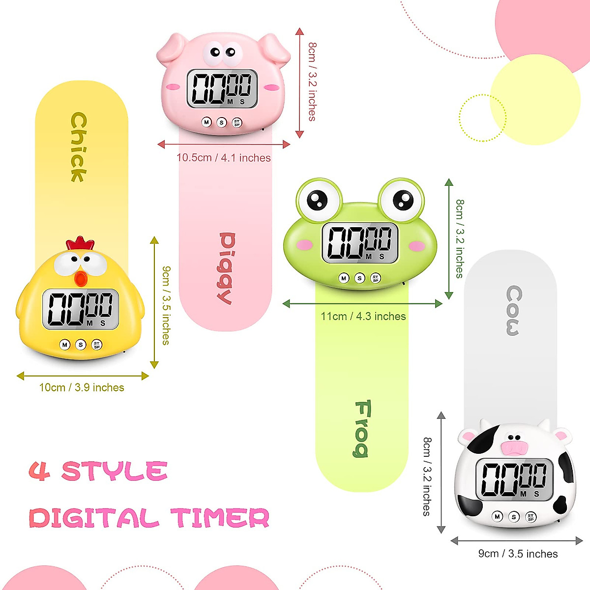 4 Pieces Cute Cartoon Animal Digital Timers Small Digital Kitchen Timers Countdown Timers with Magnetic Backs and ON/Off Switches Decorative Cooking Timers for Kitchen Cooking Accessories, 4 Styles