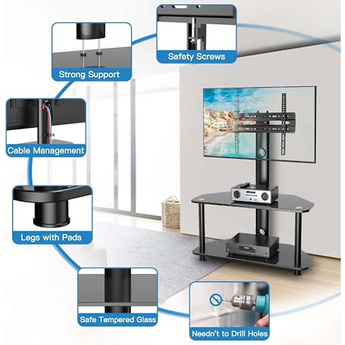 PERLESMITH Swivel Floor TV Stand/Base for 32-65 Inch TVs-Universal Corner TV Stand Mount with Storage for Media-Height Adjustable Entertainment Stand with Cable Management, VESA 600x400mm, PSFS03