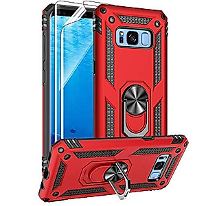 Androgate Samsung Galaxy S8 Case with HD Screen Protectors (NOT fit S8 Plus), Military-Grade Metal Ring Holder Kickstand 15ft Drop Tested Shockproof Cover Case for Samsung Galaxy S8 (2017) Red