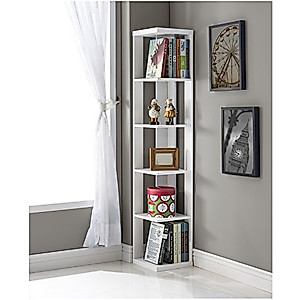 White Finish Wood Wall Corner 5-Tier Bookshelf Bookcase