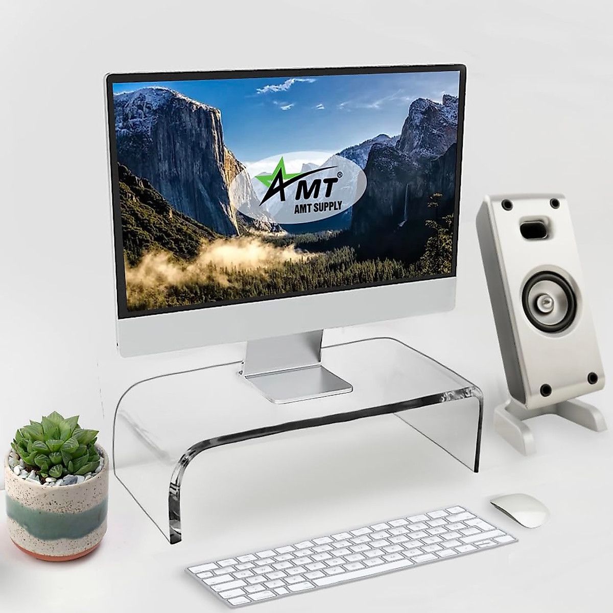 AMT Acrylic Laptop Monitor Stand & Computer Riser with Cat Keyboard Protector, Space-Saving Design, Extra Storage, Clear Shelf - Ideal for Monitors, Laptops, Printers, Desktop Decor