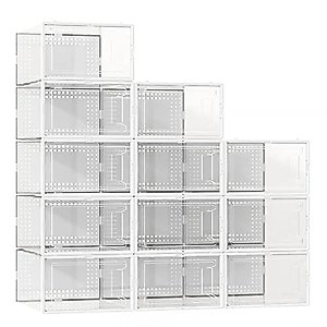 Shoe Storage Boxes Clear Plastic Stackable,12 Pack Modular Shoe Organizer for Closet, Shoe Containers Case Display for Sneaker Storage, White