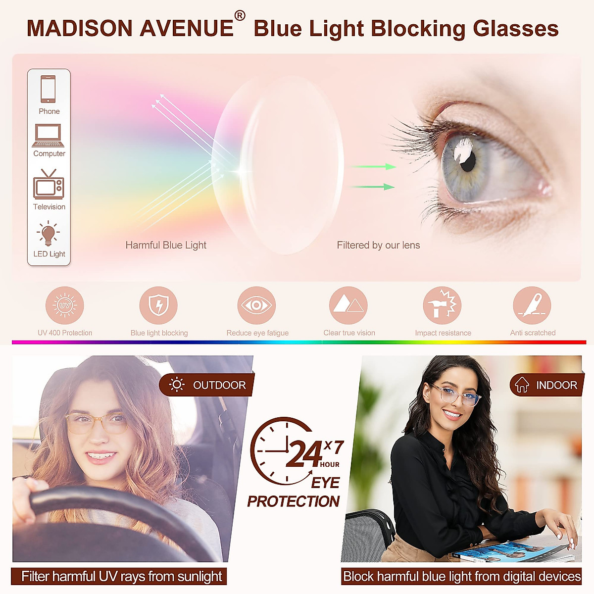 Madison Avenue Blue Light Blocking Glasses Anti Eyestrain UV Glare Blue Light Glasses for Women TV Phone Computer Gaming Eyeglasses (Crystal Brown)