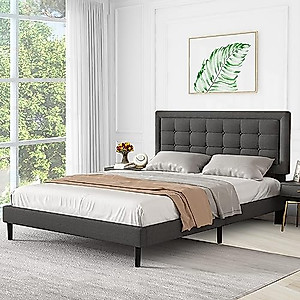 IULULU Full Bed Frame, Upholstered Platform Bed Frame with Linen Fabric Headboard, Full Size Mattress Foundation with Wooden Slats Support, Easy Assembly, No Box Spring Needed, Dark Grey
