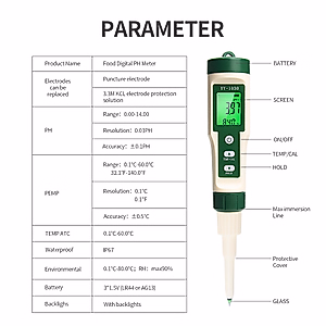 RAINLEOTI Digital pH Meter for Food,Food PH Tester 2 Probe 0.01 Resolution High Accuracy Digital PH Meter with Backlit LCD Display & ATC for Meter,Sourdough,Fruit,Cheese,Bread,Soft Soil Water&Solution