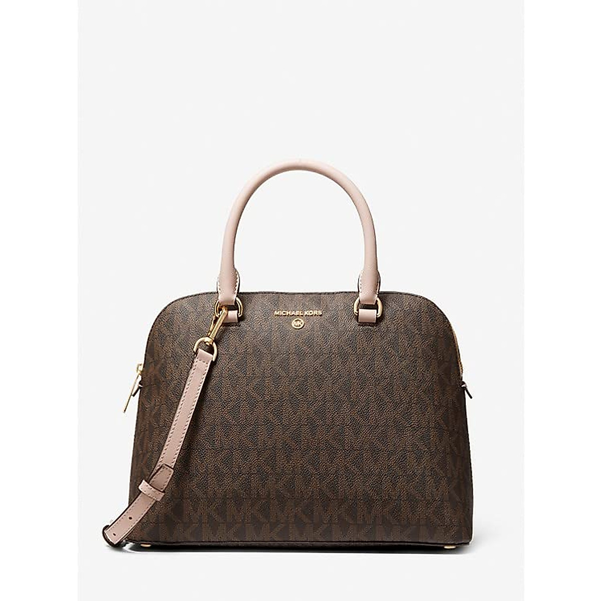 Michael Kors Cindy Medium Logo and Leather Satchel (Soft Pink/Brown)