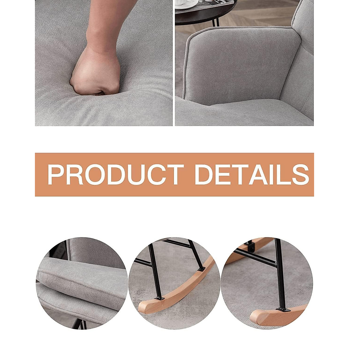 HOMMOW Nursery Rocking Chair with Ottoman, Comfortable Fabric Rocker Glider Chair with High Backrest,Grey Armchair Comfy Side Chair for Nursery Bedroom Living Room