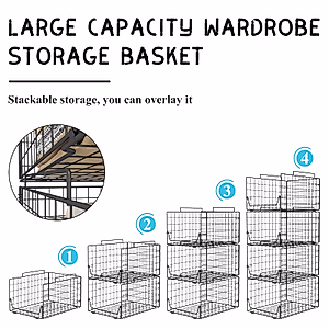 Jakyitvi Stackable Closet Organizers and Storage Bins 4 Pack, Folded Drawer Shelf Organizer for Closet Wardrobe, Sturdy Metal Clothes Storage Container for Clothes Pants Sweaters, Black
