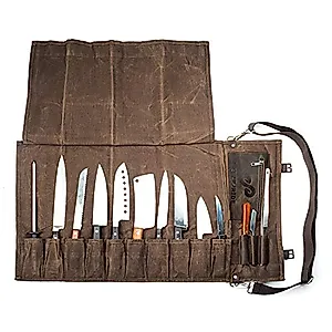 EVERPRIDE Waxed Canvas and Leather Chef Knife Roll Bag – Chef Bag Holds 10 Knives up to 18” PLUS Pocket for Cooking Accessories – Durable Knife Case for Professional Chefs – Knives Not Included