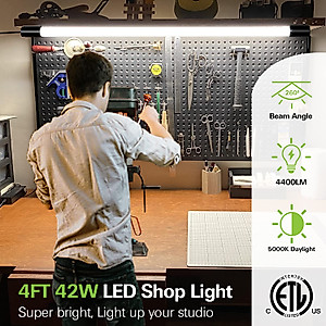 10 Pack 4FT Linkable LED Utility Light Fixture, 4400lm, 42W, 5000K Daylight for Workshop, Garage, Hanging or Surface Mount, with Power Cord, ETL