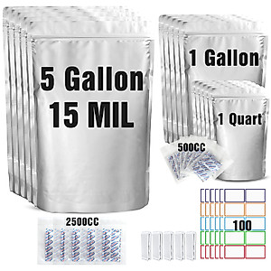 15 Mil 5 Gallon Mylar Bags for Food Storage with 2500cc Oxygen Absorbers - 55 Pack Mylar Bags 5 Gallon,1 Gallon,1 Quart 3 Size, 100 Pcs Labels and 500cc Oxygen Absorbers for Long Term Food Storage