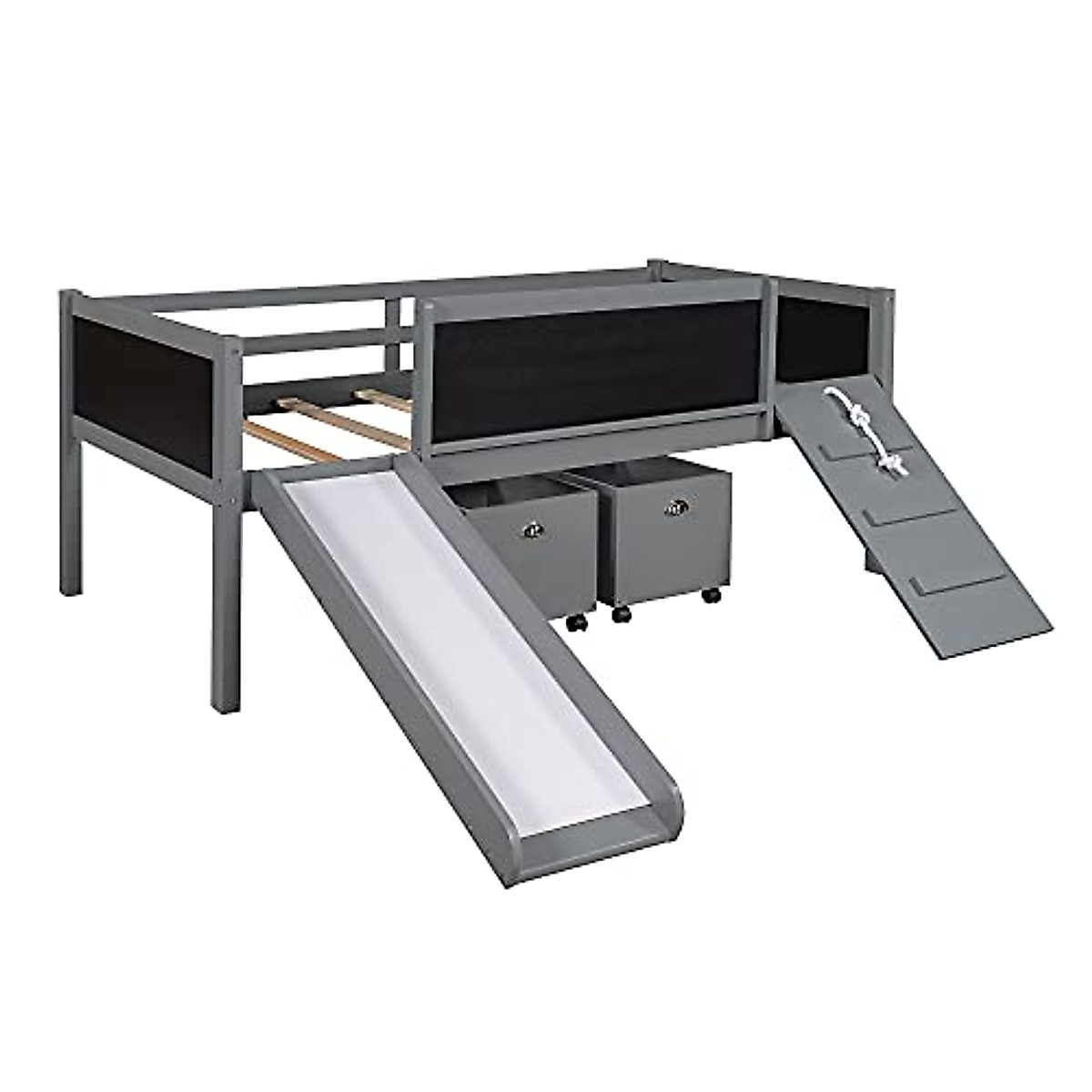 Low Loft Bed with Slide, Twin Loft Bed with Storage Boxes, Wood Twin Low Loft Bed Frame with Climbing Ladder and Chalk Board for Kids Boys Girls Teens, Grey
