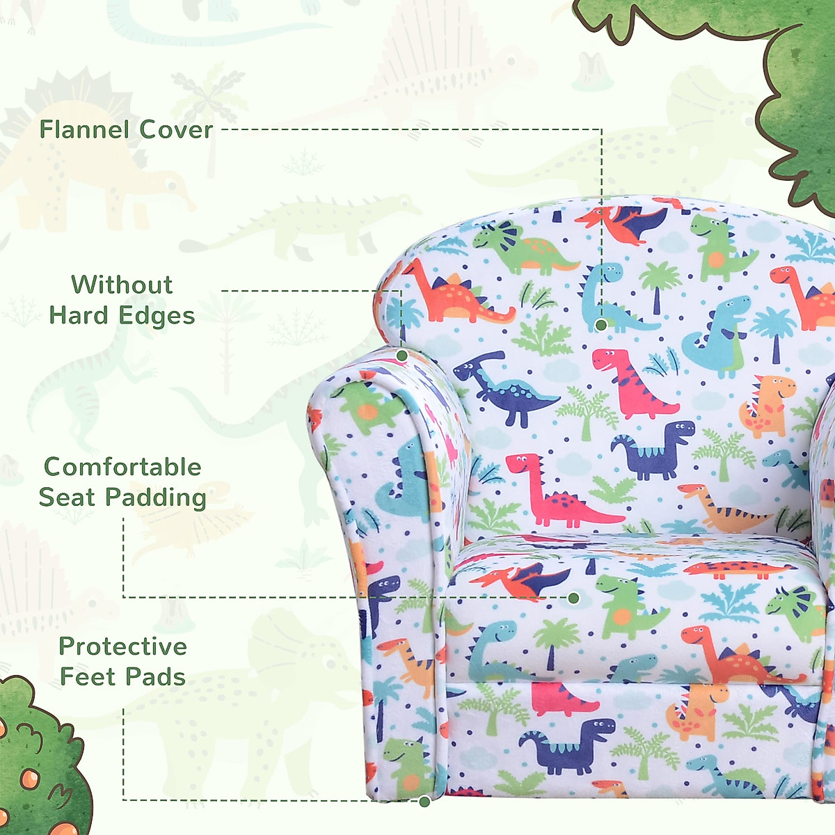 Qaba Kid's Sofa Chair with Dinosaur Design and Thick Padding, Flannel-Covered Toddler Armchair for Bedroom, Playroom