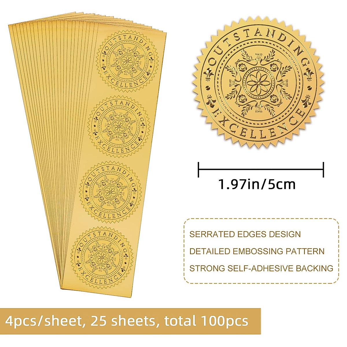 CRASPIRE 2 Inch Certificate Seals Gold Foil Outstranding Excellence 100pcs Self Adhesive Embossed Seals Gold Stickers Medal Decoration Labels for Envelopes Diplomas Certificates Awards Graduation