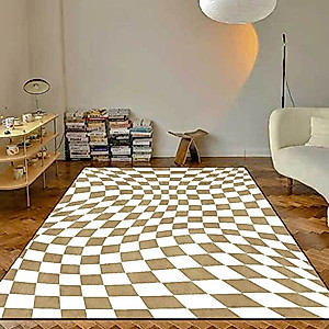 Beige and White Buffalo Plaid Checkered Area Rug for Living Room 4x6fr Funky 70s Game Room Throw Rugs Wavy Checkered Rug Premium Shag Dining Room Carpet Big Dorm Apartment Mat