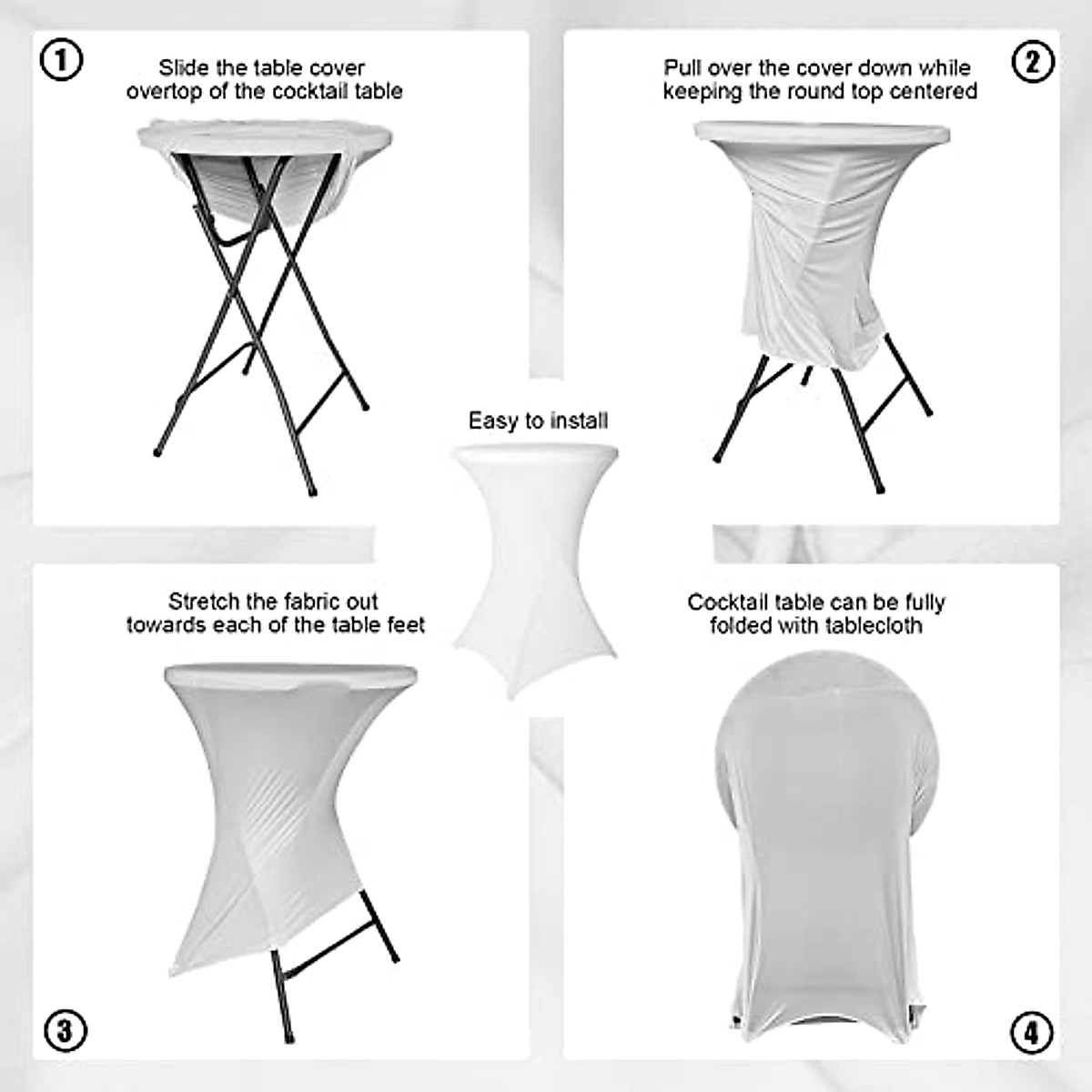 Dololoo 2 Pack Cocktail White Spandex Stretchable Tablecloths,Round Highboy Stretch Table Covers，Elastic Square Corners Table Clothes for Wedding,Party,Birthday,30"-32" Diameter x 40"-43" Height