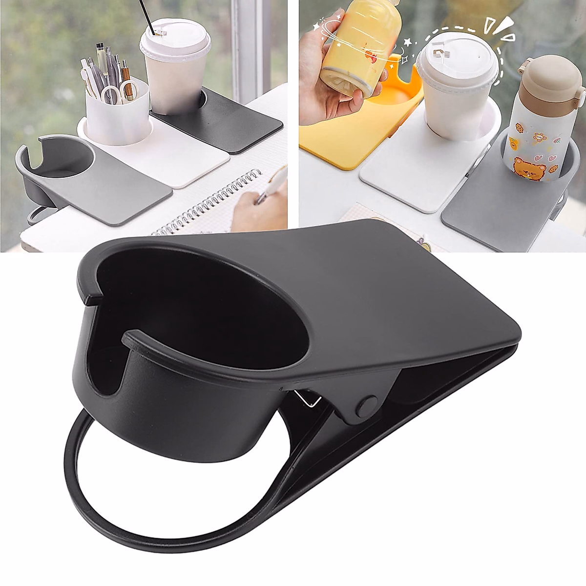 Drinking Cup Holder Clip Table Edge Clamp Cup Holder Place Water Glass Coffee Mug Beverage Cell Phone for Home Office (Black)