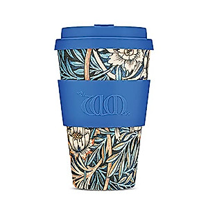 Reusable Coffee Cups with Lids, Natural Fiber Coffee Mug and Travel Cup, Food-Grade Coffee Travel Mug, 14oz, William Morris Lily- Ecoffee Cup