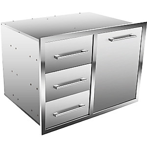 Outafurnia Outdoor Kitchen Drawer Combo 28" W x 19.6“D x 20.1" H,Access Trash Drawer Combo with Stainless Steel Handles Outdoor Kitchen Triple Drawer for BBQ Island,Grilling Station