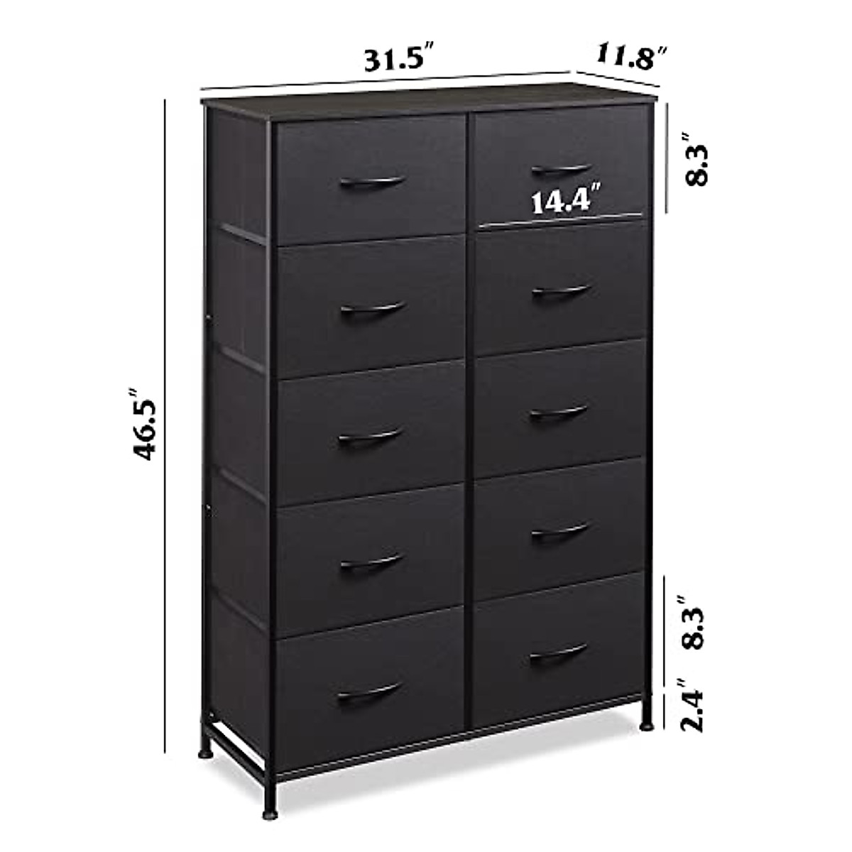 WLIVE 10-Drawer Dresser, Fabric Storage Tower for Bedroom, Hallway, Nursery, Closets, Tall Chest Organizer Unit with Textured Print Bins, Steel Frame, Wood Top, Easy Pull Handle, Charcoal Black