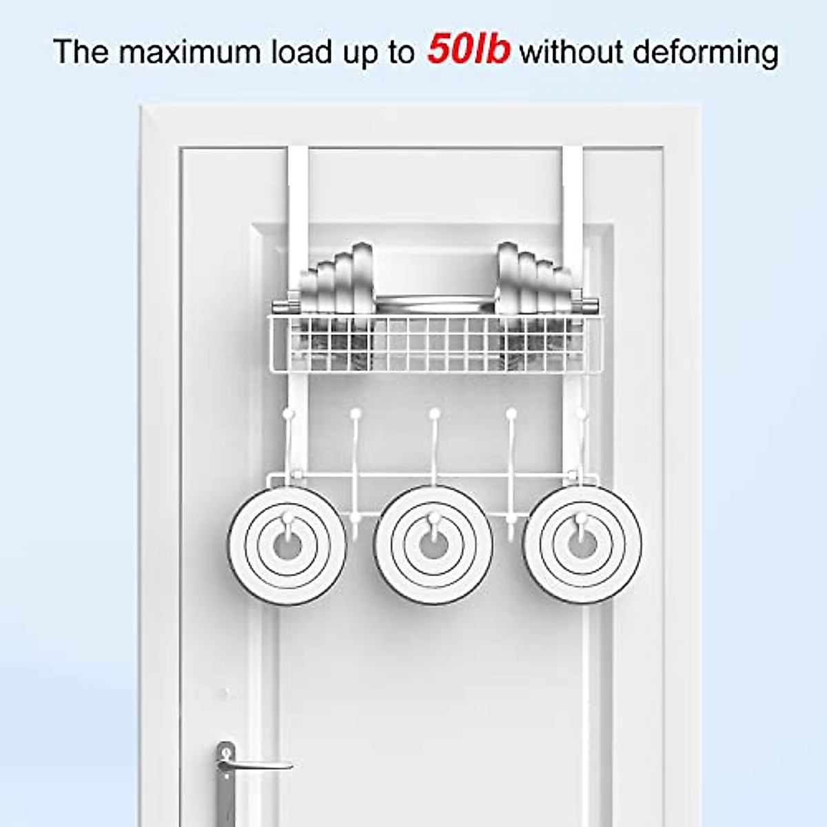 MILIJIA Coat Rack, Over The Door Hanger with Mesh Basket, Detachable Storage Shelf for Towels, Hats, Handbags, Coats (White)
