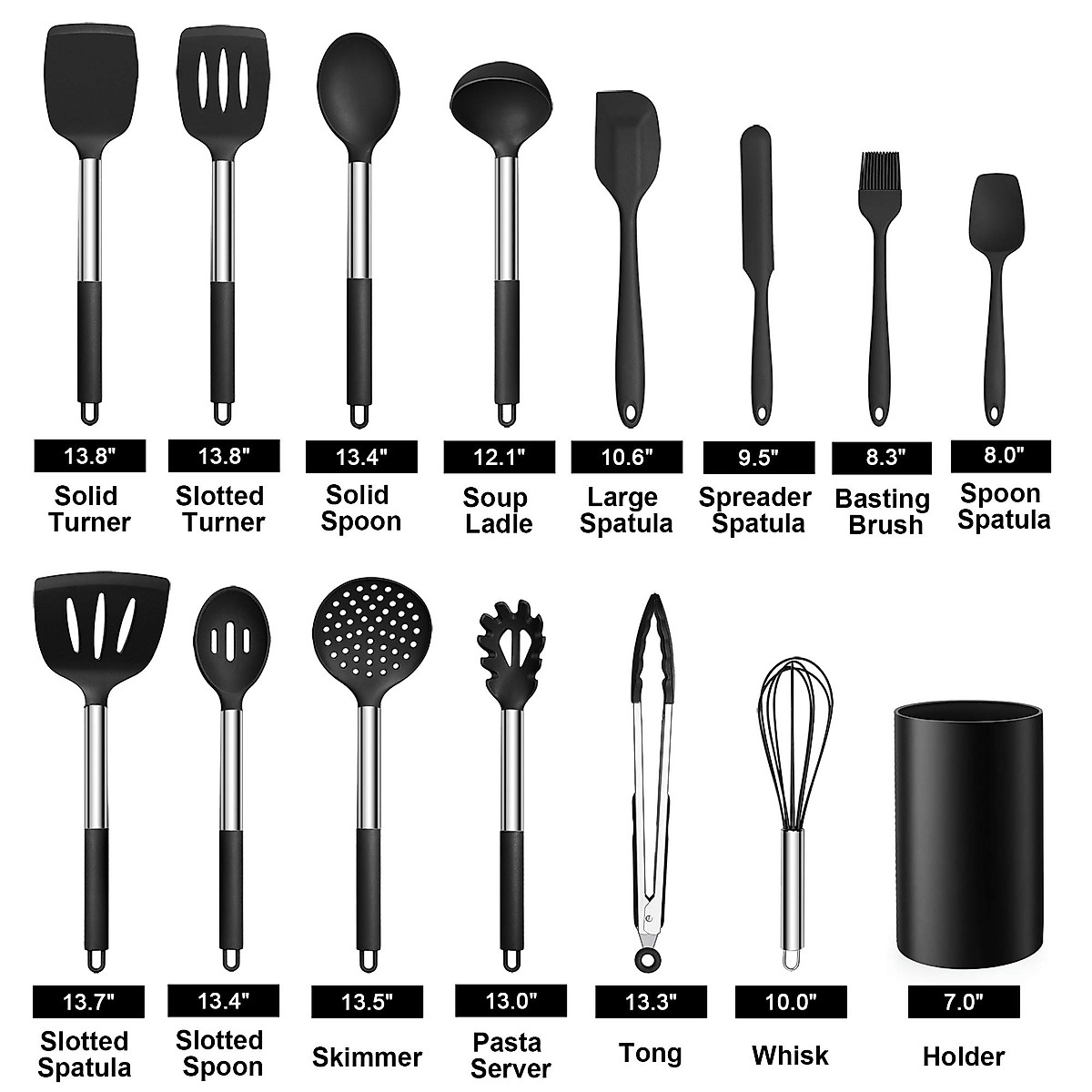 LIANYU 15-Piece Kitchen Cooking Utensils Set with Holder, Silicone Kitchen Tools Stainless Steel Handle, Slotted Spatula Spoon Turner Tong Whisk Brush for Cooking, Black