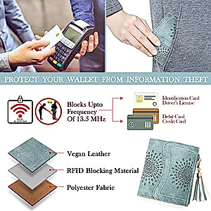 APHISON Small Wallet for Women, Sunflower RFID Slim Womens Wallet Leather Cute Wallets Compact Bifold Teen Girls Zipper Tassel Coin Purse ID Card Holder Blue