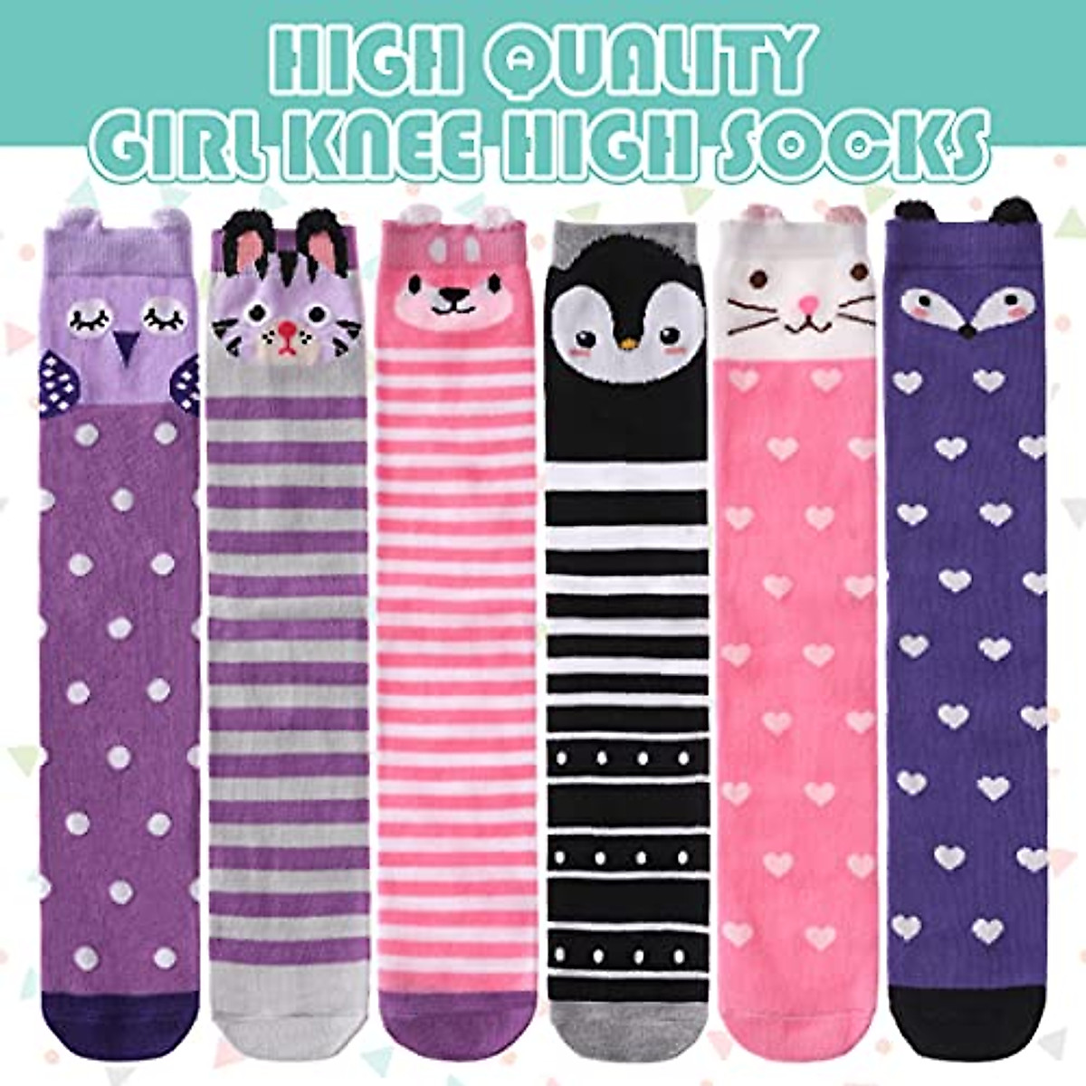 LINEMIN 3-12 Years Girls Knee High Socks Kids Cartoon Animal Warm Cotton Long Tall Boot Socks 6 Pairs (6 Pairs Animal C)