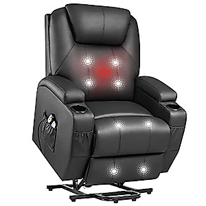 YESHOMY Power Lift Recliner Chair with Massage and Heating Functions, PU Leather Sofa with Remote Control and Two Cup Holders, Suitable for Living Room, Dark Black