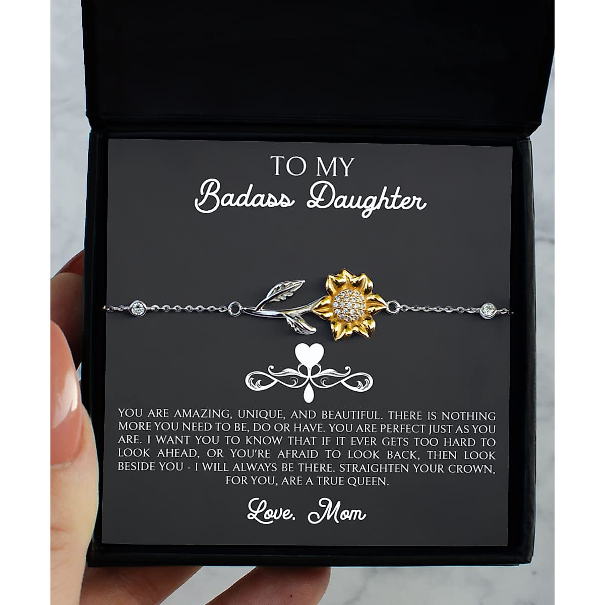 Proud Gifts Badass Daughter Bracelet From Mom, To My Badass Daughter Bracelet, You are Amazing, Birthday Daughter 925 Sterling Silver Bracelet with 14k Gold Sunflower Charm From Mother
