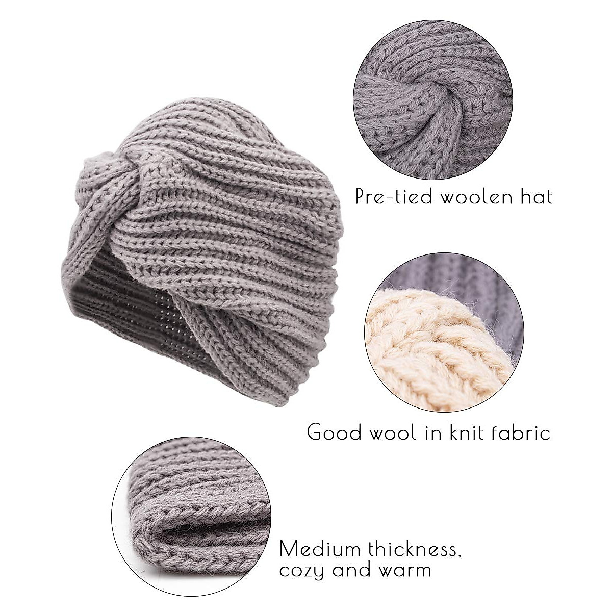 3pcs Womens Winter Hats, Beanie Hat for Women, Knit Hat Slouchy Beanies Wool Hat, Warm Turban Hat Thick Chemo Caps for Cancer Patient, White Gray Brown