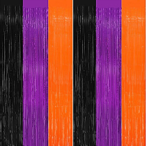 2 Pack 3.2ft x 9.8ft Halloween Foil Fringe Curtain, Black Orange Purple Metallic Tinsel Curtains Streamer Large Party Photo Booth Props Backdrops for Wall Door Indoor Outdoor Decorations