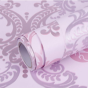 Teemall 17.7x118 Inch Self Adhesive Purple Damask Removable Shelf Liner Cabinet Sticker