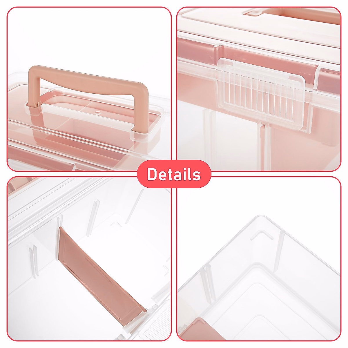 GBACHOOSE 2PCS Plastic Dividing Storage Box with Removable Tray, 11.4x6.3x5.7 Inch Multipurpose Storage Box with Handle Portable for Sewing, Art Craft, Medicines, Supply Organizer (Large Pink)