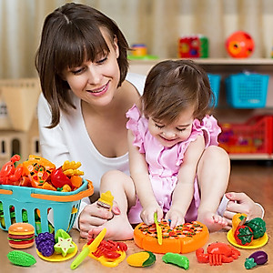 HOLYFUN 100 PCS Cutting Play Food Toy for Kids Kitchen, Pretend Fruit & Vegetables Accessories with Shopping Basket, Plastic Mini Dishes, Play Money, Perfect Educational Toy for Toddlers Boys & Girls