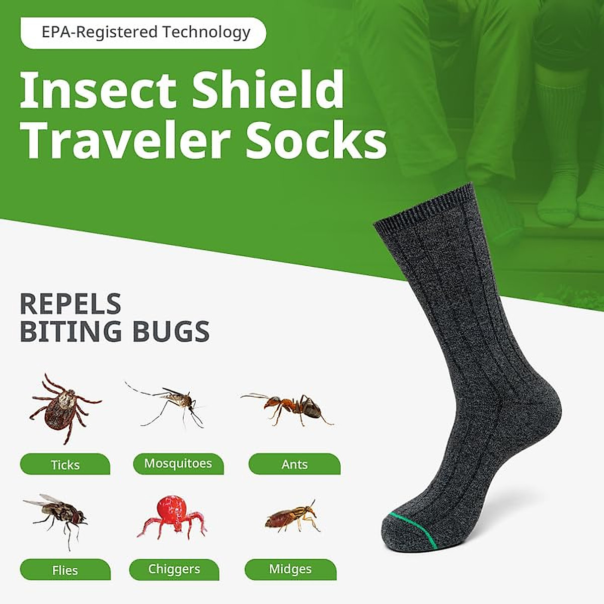 Insect Shield Lightweight and Comfy Traveler Sock with Built-In Bug Repellent, Charcoal, Medium (Pack of 2)