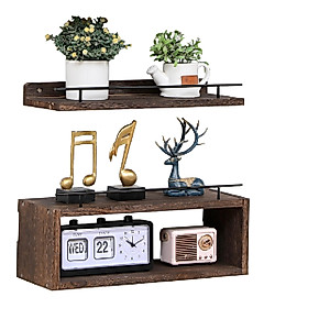 WONFUlity 3-Shelf Bathroom Shelves, Floating Shelves with Storage Basket, Over Toilet Paper Holder, Farmhouse Wood Wall Shelves for Living Room, Kitchen, 16x5.9x5.5 inches, Walnut